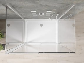Mexen Omega, 3-stěnový sprchový kout s posuvnými dveřmi 110 (dveře) x 80 (stěna) x 190 cm, 8mm čiré sklo, chromový profil + bílá sprchová vanička SLIM, 825-110-080-01-00-3S-4010
