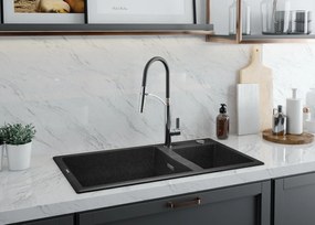Deante Eridan, granitový dřez na desku 880x500x200 mm, 3,5" + prostorově úsporný sifon, 2-komorový, šedá, ZQE_S20B