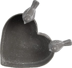 Šedý plechový květináč ve tvaru srdce s ptáčky - 14*12*7 cm