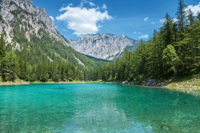 DIMEX | Samolepicí vliesová fototapeta na zeď Rakouské alpské jezero MA-5-3078 | 375 x 250 cm | zelená, modrá, šedá