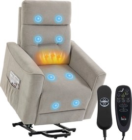 HOMCOM elektrické křeslo s asistencí při vstávání s vibrační masáží a teplem, elektrické relaxační křeslo, nastavitelná opěrka zad, chenille, šedé