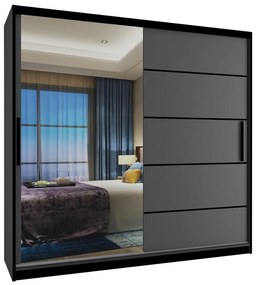 Šatní skříň 200cm Belini černý mat / šedý mat s posuvnými dveřmi a zrcadlem  MZ SZP1/2/B/SR/0/BL
