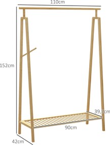 HOMCOM Bambusový věšák na oblečení, dřevěný stojan na kabáty s policí na boty, rozměry 110D x 42Š x 152V cm