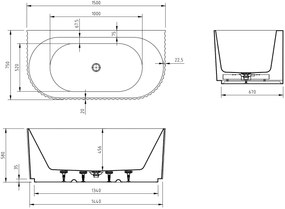 Mexen Sella, volně stojící vana ke stěně, drážkovaná, 150 x 75 cm, bílá matná, 52711507501-SS