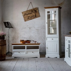 Massive home | Belluno Elegante malý bílý televizní stolek z masivu s dubovou deskou