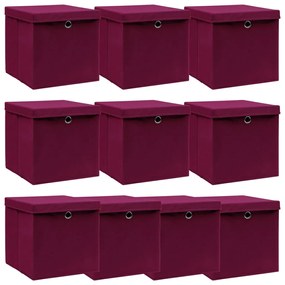 Úložné boxy s víky 10 ks tmavě červené 32 x 32 x 32 cm textil - Default Title