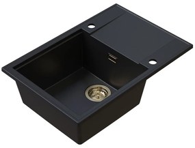 Sink Quality Sink55, kuchyňský granitový dřez 680x460x215 mm + zlatý sifon, černá se zlatými body, SKQ-SINK.L.1KDO.XG