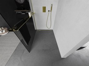 Mexen Kioto+, sprchová zástěna s poličkou a držákem na ručníky 130 x 200 cm, 8mm šedé sklo, zlatý profil, 800-130-121-50-40