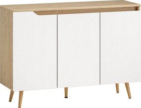 HOMCOM Komoda s 3 dvířky, 2 nastavitelnými policemi, 5 nohami z hevea, rustikální dub/bílá, 107 × 35 × 76,5 cm