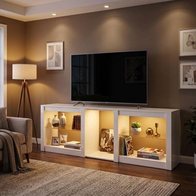 HOMCOM TV komoda s RGB LED osvětlením, moderní TV nábytek s nastavitelnými skleněnými policemi, pro televize až do 75 palců, bílá