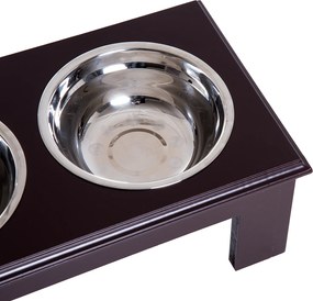 PawHut sada misek pro psy 2 nerezové misky na krmivo, zvýšená miska pro kočky, MDF, snadná údržba, káva, 44x24x15cm| Aosom