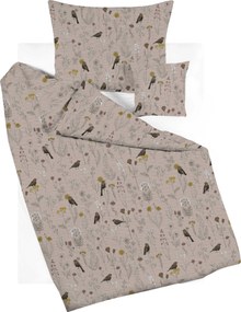 Krepové povlečení Ptáčci v kvítí - béžové Velikost: 140 x 220 + 70 x 90