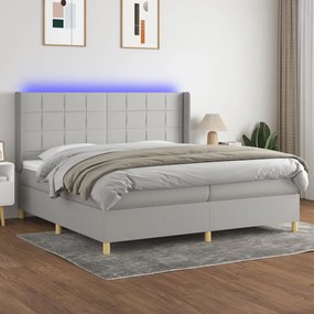 Box spring postel s matrací a LED světle šedá 200x200 cm textil