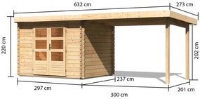 Dřevěný zahradní domek BASTRUP 3 s přístavkem Lanitplast Přírodní dřevo