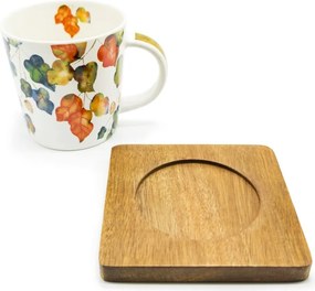 Porcelánový hrnek Bright Fall s akáciovým podšálkem, 350 ml – podzimní akvarelové listy, vnitřní dekor