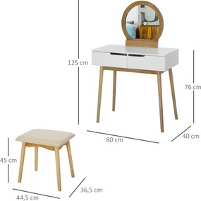 HOMCOM Severský design toaletní stolek s zrcadlem, 2 šuplíky a stoličkou, Bílá borovice