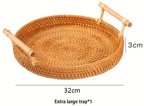 Kulatý servírovací ratanový podnos s dřevěnou rukojetí Rozměr: průměr 32 cm