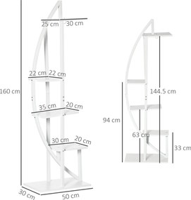 Outsunny 5-podlažní půlměsíční stojan na rostliny, stojan na květiny pro interiér a exteriér z MDF a oceli, 50x30x160 cm, Bílý
