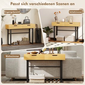 HOMCOM Úzký konzolový stolek se 2 zásuvkami, průmyslový kovový rám, přírodní – 110 × 35 × 76,5 cm