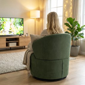 Otočné lounge křeslo HOMCOM se širokým sedákem — moderní čalouněné křeslo s oblým opěradlem a silným polstrováním, manšestr, zelené