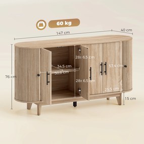 HOMCOM komoda do obývacího pokoje, oválný úložný nábytek se 4 dveřmi a 2 nastavitelnými policemi, 147x40x76 cm, dub