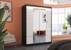 ADRK Furniture Posuvná skříň se zrcadlem a LED osvětlením NORDIC 150 SW-NOR-B+W-150+L-V217