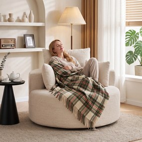 HOMCOM kulatý chenilkový sedací puf, velká sedací plocha, 2 polštáře, 1 opěrný polštář, 1 polštář na krk, nosnost 250 kg, 130x130x82 cm, krémová