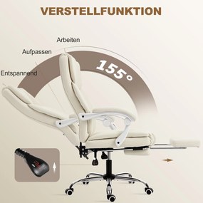 HOMCOM ergonomická kancelářská židle — sklopné opěradlo, nastavitelná výška, podnožka, 360° otočná, taštičkové pružiny, ekokůže, béžová