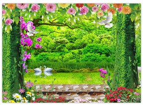 Skleněný obraz - Kouzelná zahrada s labutěmi (70x50 cm)