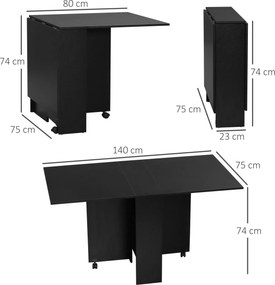 Skládací jídelní stůl HOMCOM s kolečky, skládacími křídly a policemi pro 4-6 osob 75x140x74 cm černý