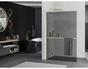 Mexen Kioto+ L, sprchová zástěna Walk-In s poličkou a věšákem 80 x 200 cm, 8mm šedé sklo, zlatý matný profil, 800-080-123-55-40