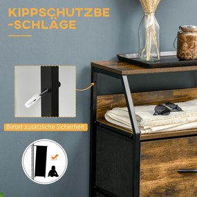 HOMCOM Úložný kabinet s textilními šuplíky, 3 šuplíky, policový skříňkový kabinet se železným rámem pro ložnici a obývací pokoj, rustikální hnědá