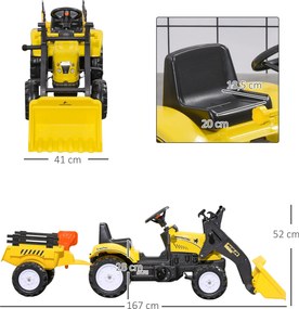 HOMCOM Šlapací traktor s přívěsem, šlapací vozidlo s lopatou, dětské vozidlo traktor pro děti od 3 let, žlutý | Aosom