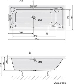 Polysan, MIMOA obdélníková vana 170x75x39cm, bílá, 71709