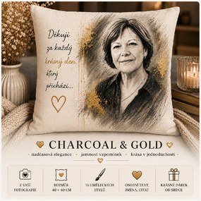 Personalizovaný polštář z fotografie – umělecký portrét 45 × 45 cm Styl portrétu:: Charcoal & Gold