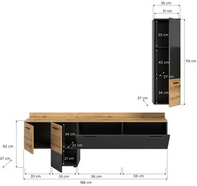 Obývací stěna s osvětlením Goul, tmavě šedá/dub evoke