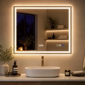 HOMCOM LED koupelnové zrcadlo Bluetooth 90 x 70 cm dotykový spínač, stmívatelné světlo 3 barvy, protimlž, paměť, stříbrné