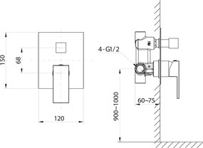 Sapho Sapho, CUBEMIX podomítková sprchová baterie, 2 výstupy, zlato mat, CM042GB