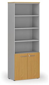 Kombinovaná kancelářská skříň PRIMO GRAY, dveře na 2 patra, 2128 x 800 x 420 mm, šedá/buk