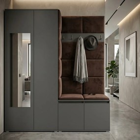 Předsíňová stěna Trinity 8 s čalouněnými panely, 190 cm, grafit/ tmavě hnědá