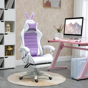 Vinsetto Herní židle ergonomická s podnožkou králičí uši 135° polohovací kancelářská židle nastavitelná výška bederní opěrka hlavy koženka fialová