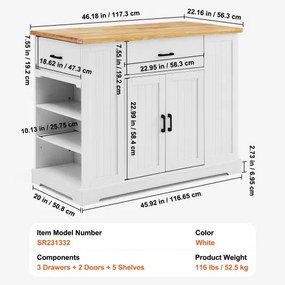 Kitchen Island Vozík Úložná skříňka Servírovací vozík se zásuvkou a policemi