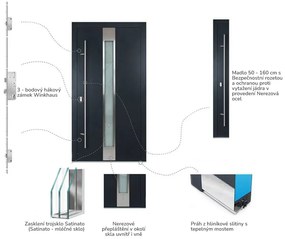 Vchodové dveře s ocelovým opláštěním FM Turen model AC08 Orientace dveří: Levé, otevírání dovnitř, Dekor: Antracit, Standardní rozměr dveří včetně rámu: 98 cm x 208 cm - vnější rozměr rámu