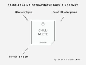 CHILLI MLETÉ - omyvatelná samolepka na kořenky, výběr rozměrů Ø 5 cm / 5 x 5 cm / 6 x 8 cm | DomaLEP tvar: KOLEČKO, barva: BÍLÁ - ČERNÉ písmo, velikost: Ø 5 cm - tučné písmo