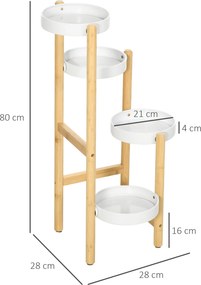 Outsunny bambusový stojan na květiny s 4 kulatými policemi, nosnost 20 kg pro vnitřní a venkovní použití Ø28x80 cm Přírodní a bílá