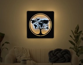 Li-Go "Mapa světa v kruhu" světelný obraz s baterií 70x70cm varianta ovládání: manuál/pohybové čidlo, provedení povrchu: bříza