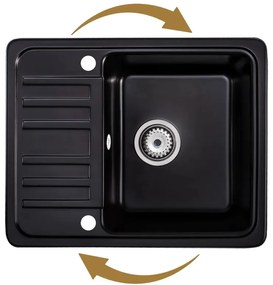 Sink Quality Sapphire, granitový kuchyňský dřez 565x460x180 mm + manuální sifon, 1-komorový, černá, SKQ-SAP.C.1KKO.X