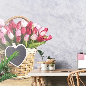 Samolepící fototapeta tulipány v dřevěném košíku - 225x150 cm