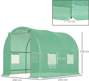 Outsunny Fóliový skleník Skleník na rajčata Fóliový tunelový skleník Studený rám s oknem Zelený 245 x 200 x 198 cm | Aosom