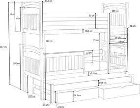 Dětská patrová postel z masivu borovice ONDRA s přistýlkou a šuplíky - 200x80 cm - PŘÍRODNÍ BOROVICE